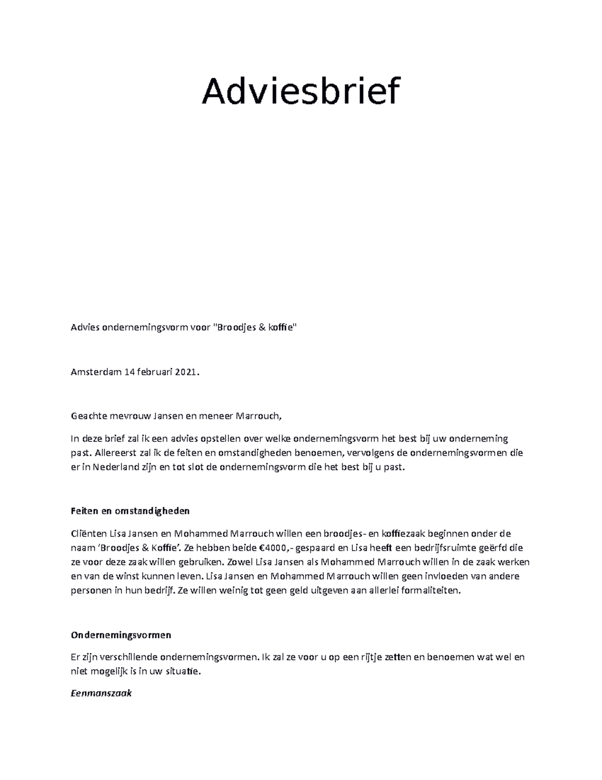 Adviesbrief - Opdracht jib - Adviesbrief Advies ondernemingsvorm voor ...