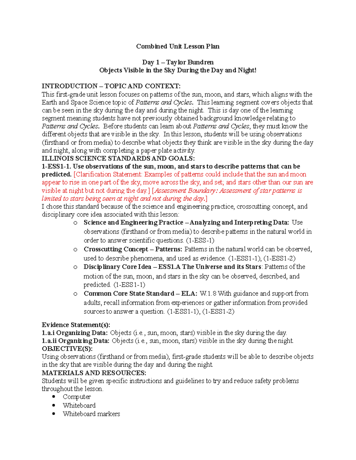 Combined Unit Lesson Plan - This learning segment covers objects that ...