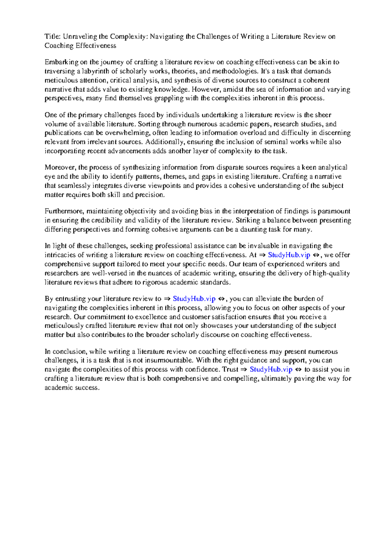 Literature Review Coaching Effectiveness - A Summary - Title ...