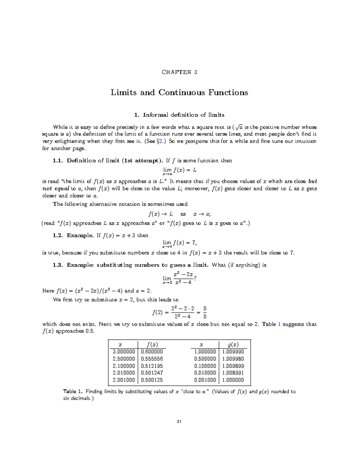 Math Calculus (11) - CHAPTER 3 Limits and Continuous Functions Informal ...