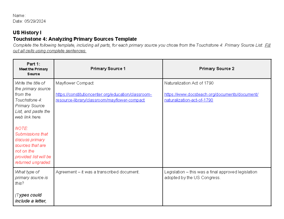 US History I Touchstone 4 - Name: Date: 05/29/ US History I Touchstone ...