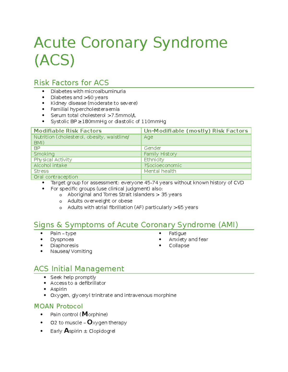 Lecture notes, lecture Acute Coronary Syndrome - Acute Coronary ...