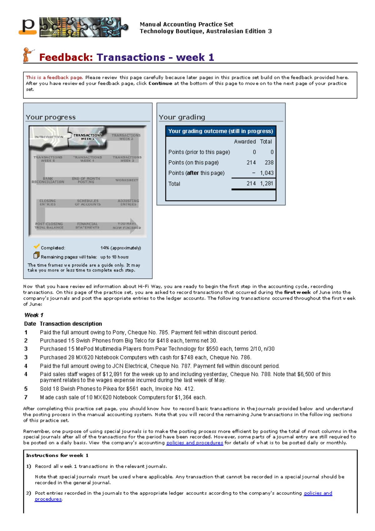 Perdisco Practical Set - Transactions Week 1 - Your progress Completed ...