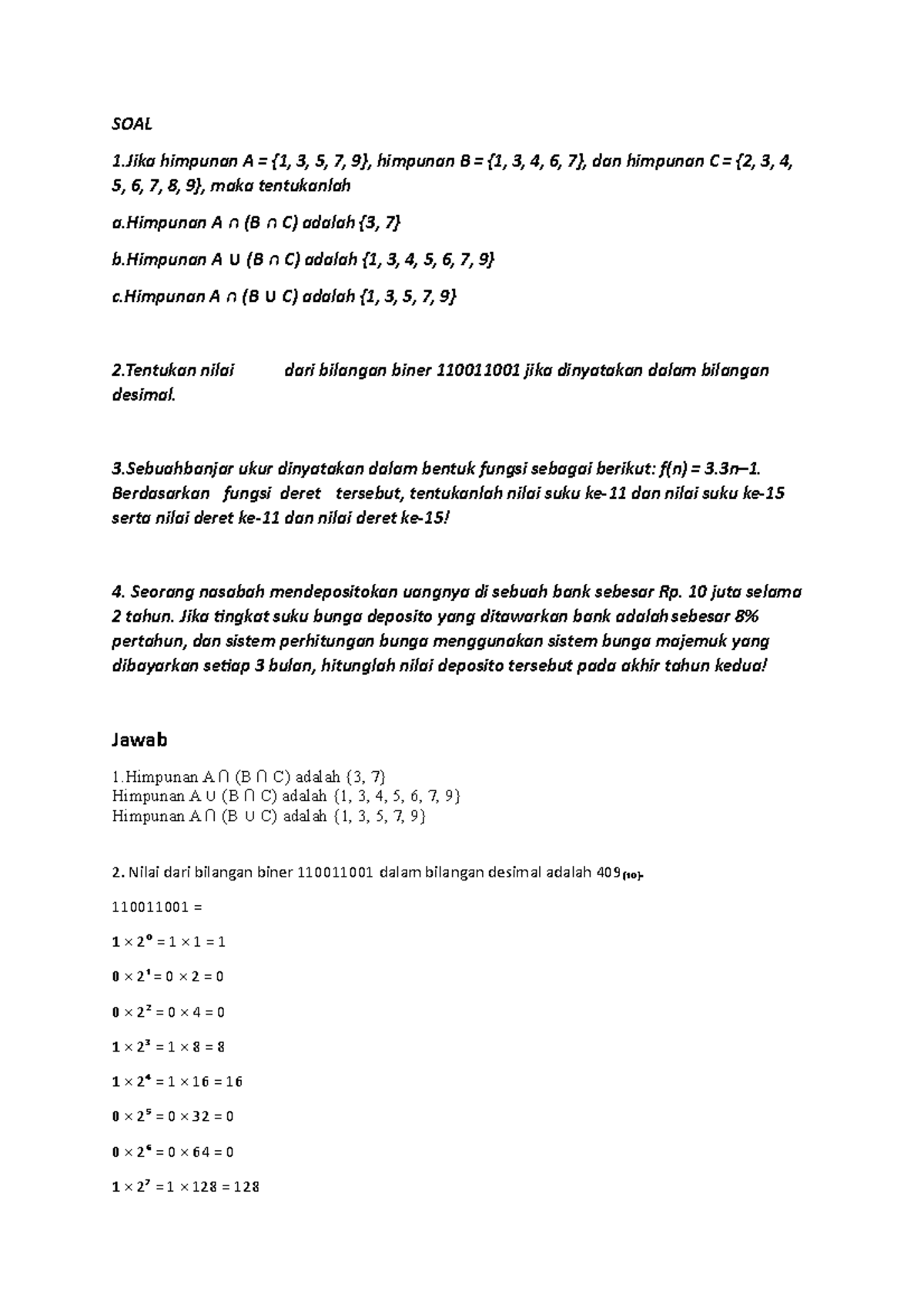 Tugas 1 Matematika - SOAL 1 himpunan A = {1, 3, 5, 7, 9}, himpunan B = {1, 3, 4, 6, 7}, dan ...
