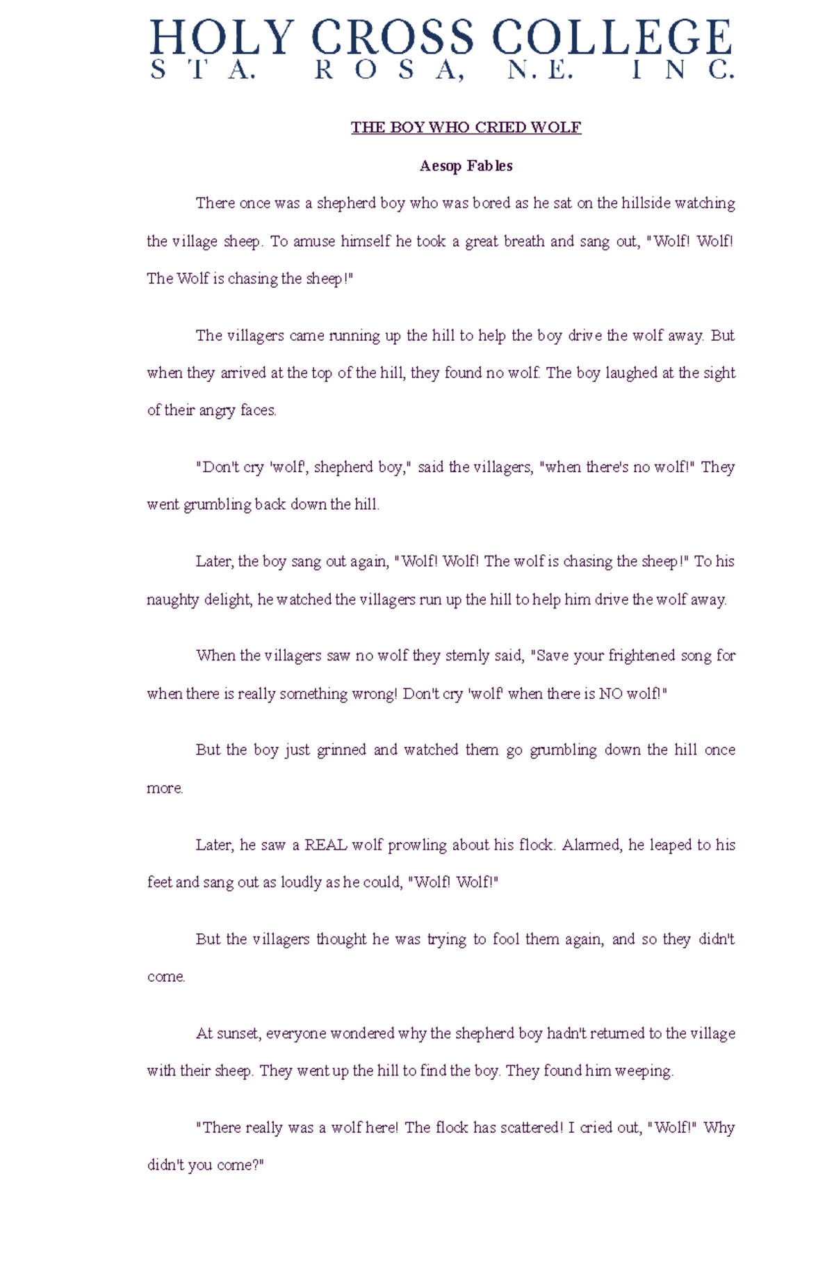 Literary Analysis LIT CRIT - THE BOY WHO CRIED WOLF Aesop Fables There ...