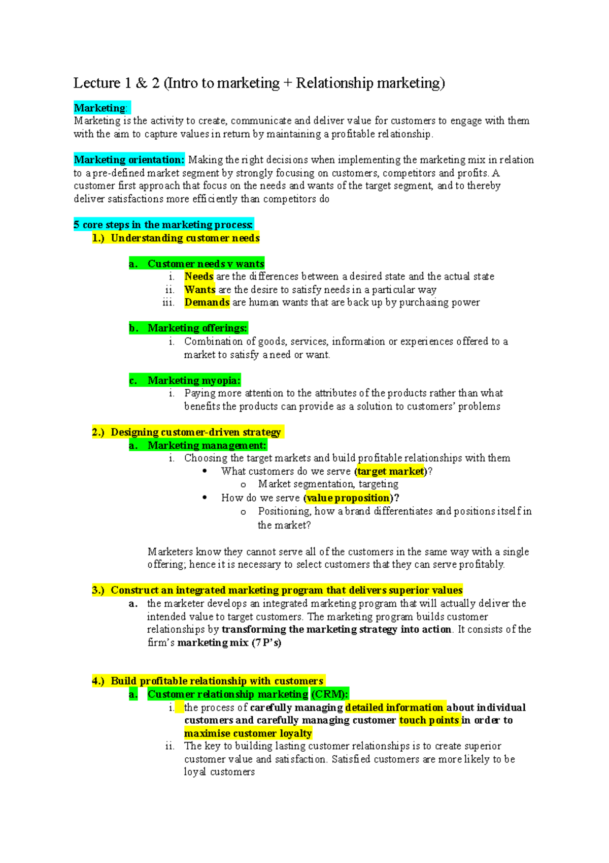 Final exam notes - Lecture 1 & 2 (Intro to marketing + Relationship ...