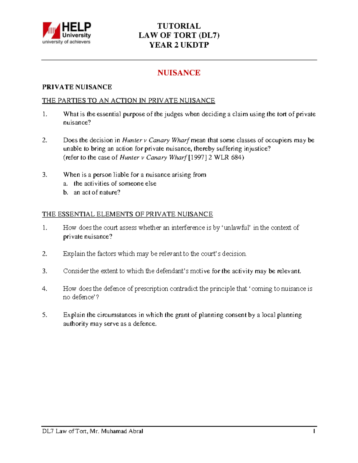 17A. Nuisance (Specimen Questions) - TUTORIAL LAW OF TORT (DL7) YEAR 2 UKDTP DL7 Law of Tort, Mr ...