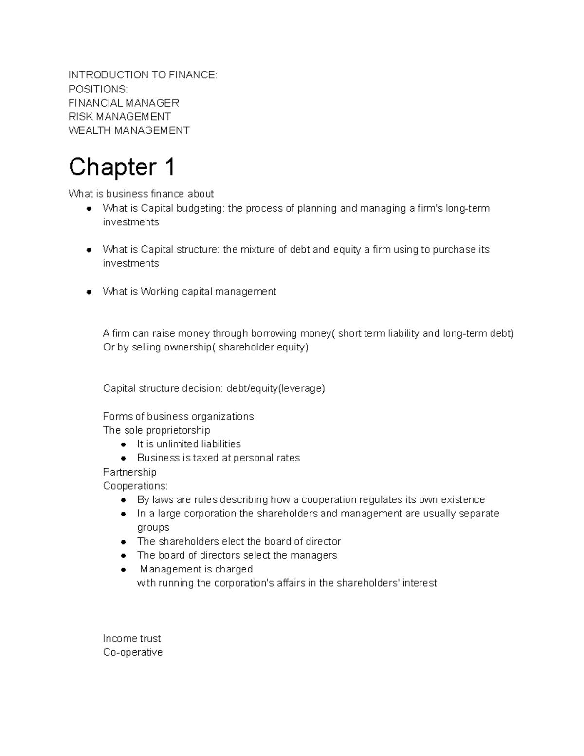 Introduction TO Finance - INTRODUCTION TO FINANCE: POSITIONS: FINANCIAL ...