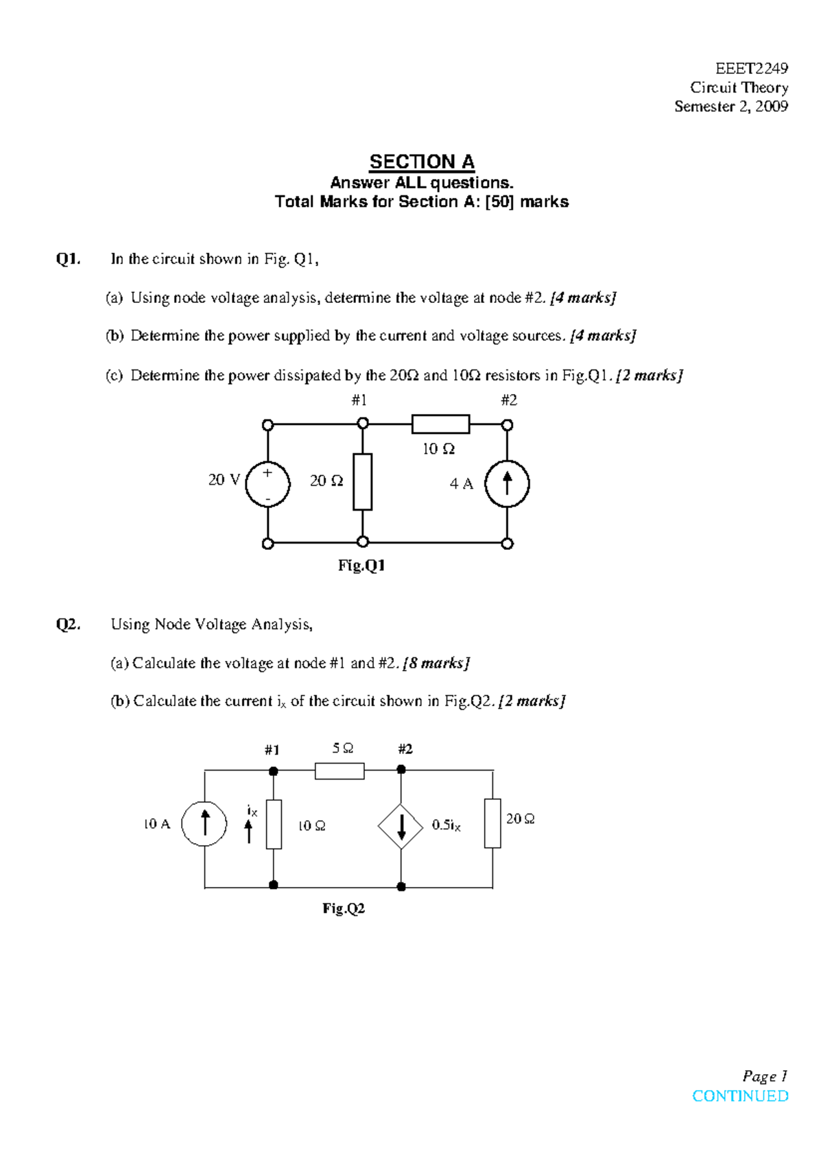 Exam 2009, questions - Circuit Theory Semester 2, 2009 SECTION A Answer ...