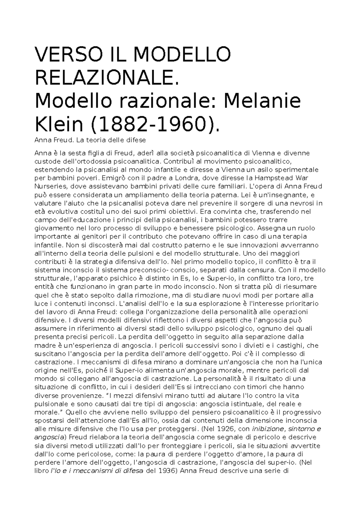 Anna freud - riassunto dal libro - Modelli evolutivi in psicologia ...