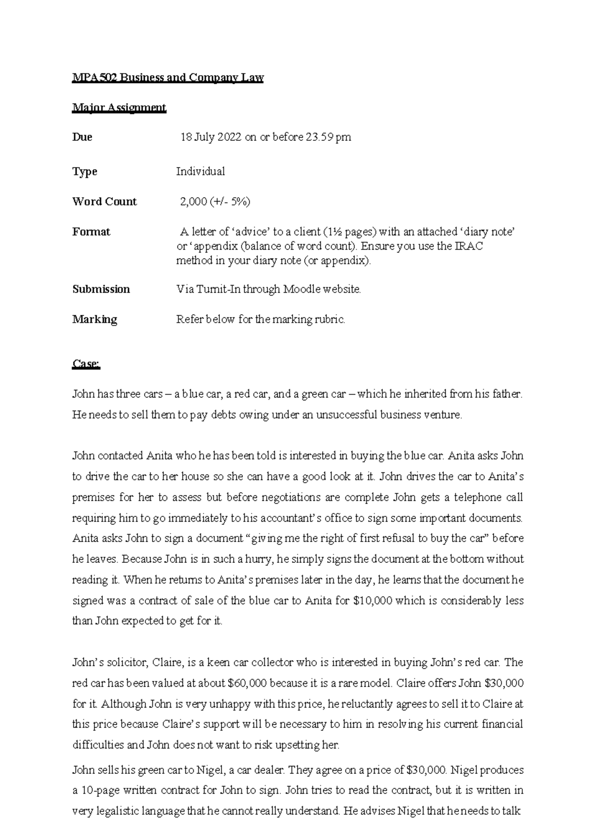 Major Assignment due 18 - MPA502 Business and Company Law Major ...