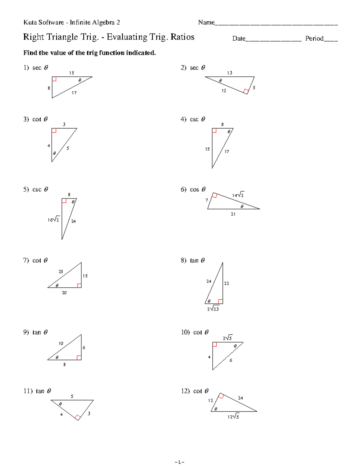 Right Triangle Trig Evaluating Ratios - © 2 H 2 I 001 X 1 g CKrubtEa 5 ...