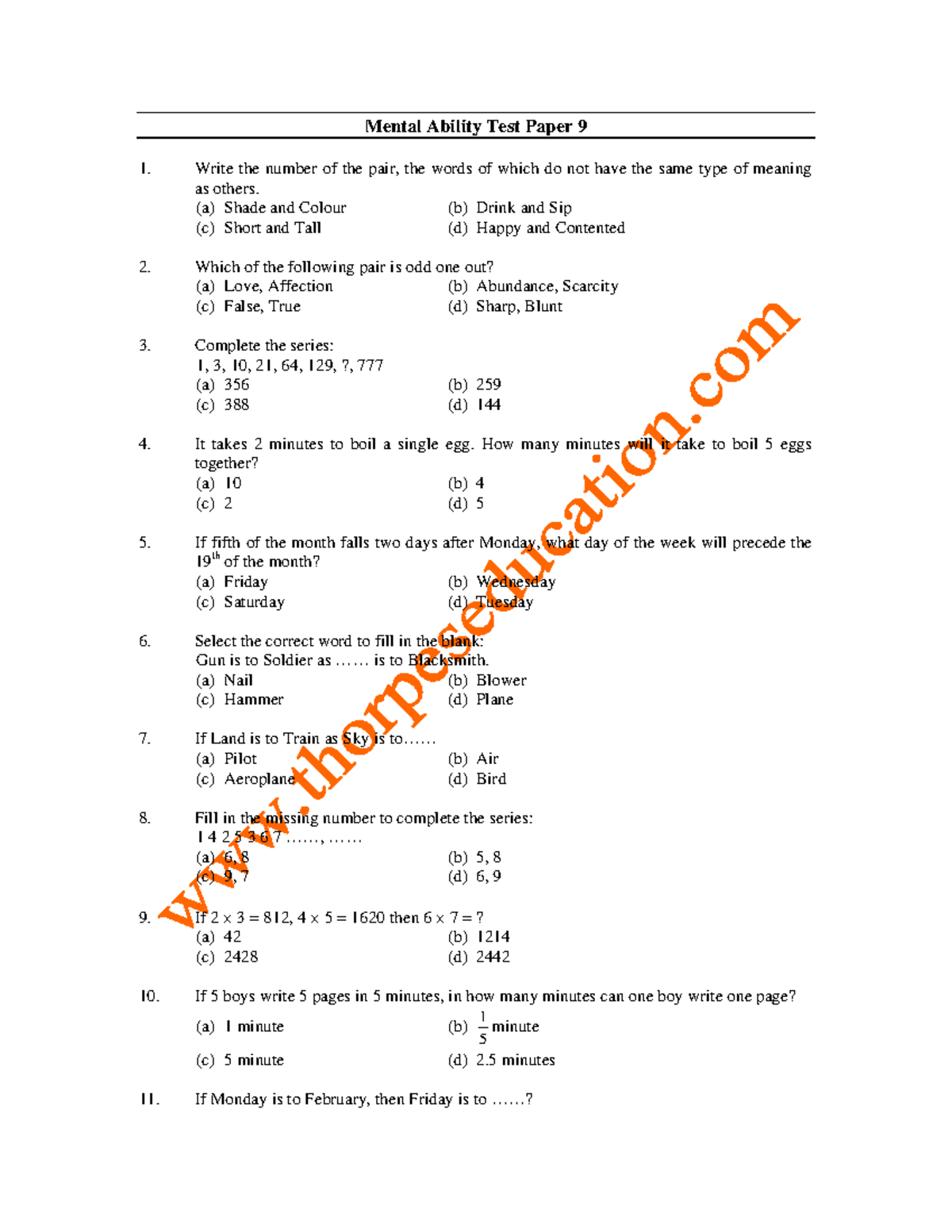 Mental Ability 9 - Lectures notes - Mental Ability Test Paper 9 1 ...