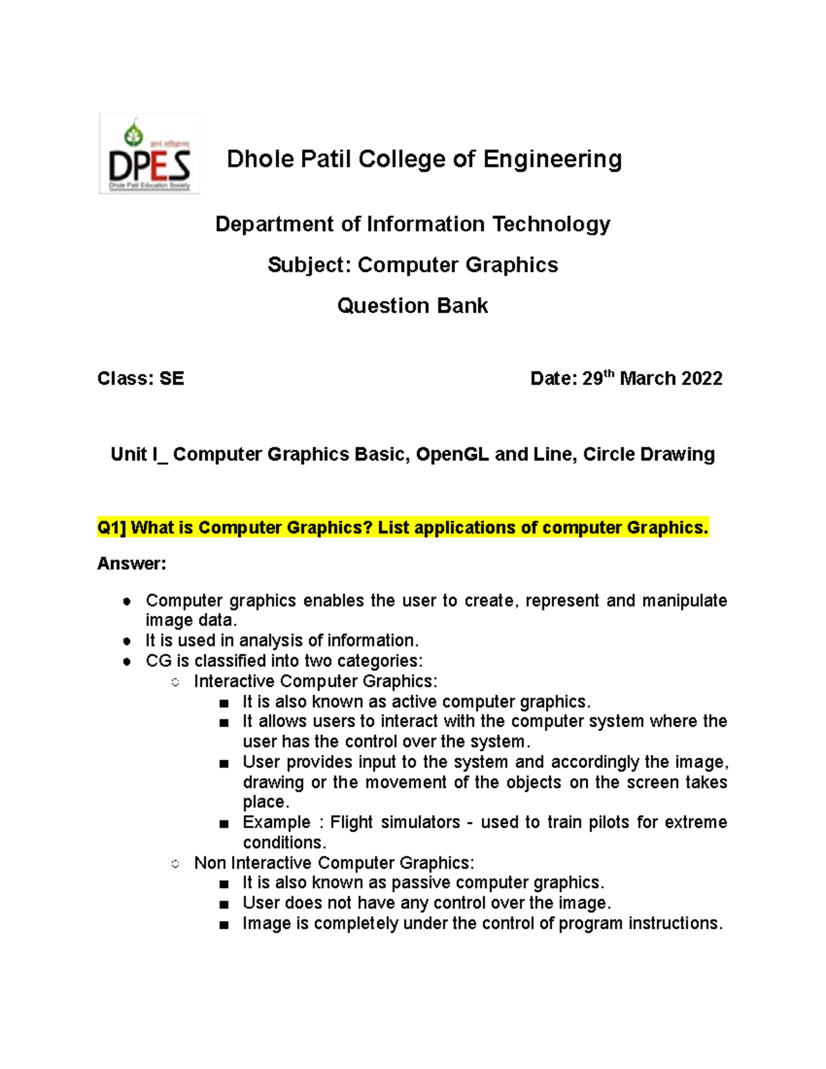 CG QB - Prof. Lenin - Department of Information Technology Subject ...