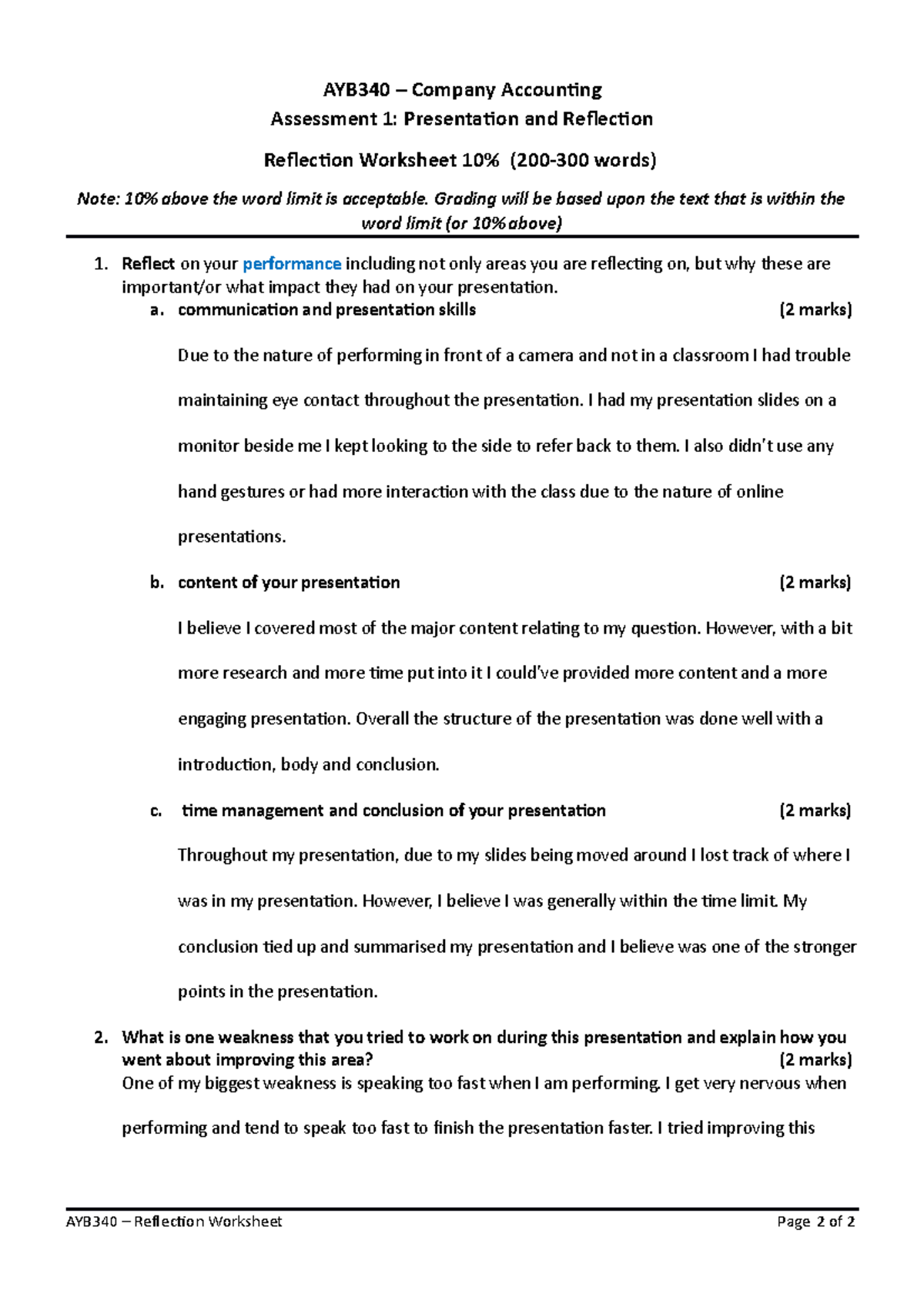 AYB340 Reflection 8/10 - AYB340 – Company Accounting Assessment 1 ...