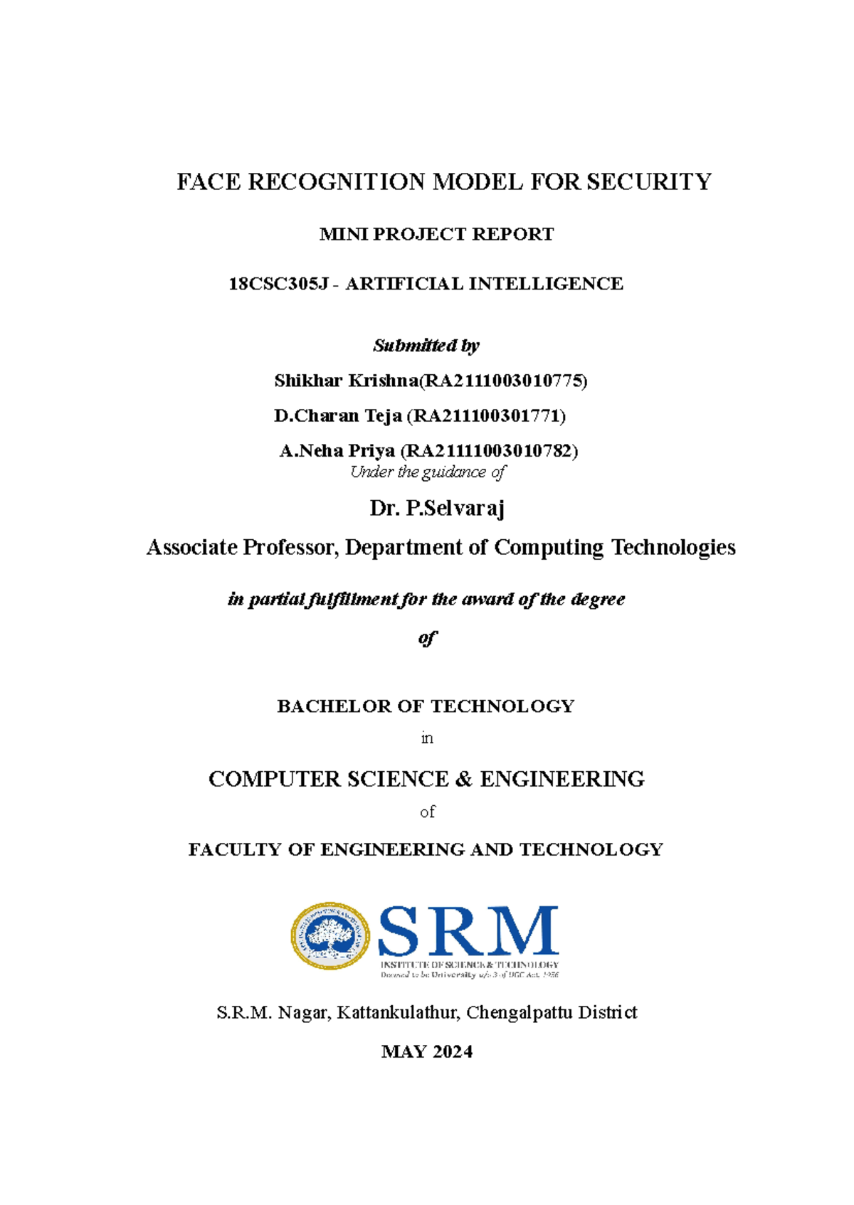 AI miniproject report - FACE RECOGNITION MODEL FOR SECURITY MINI ...