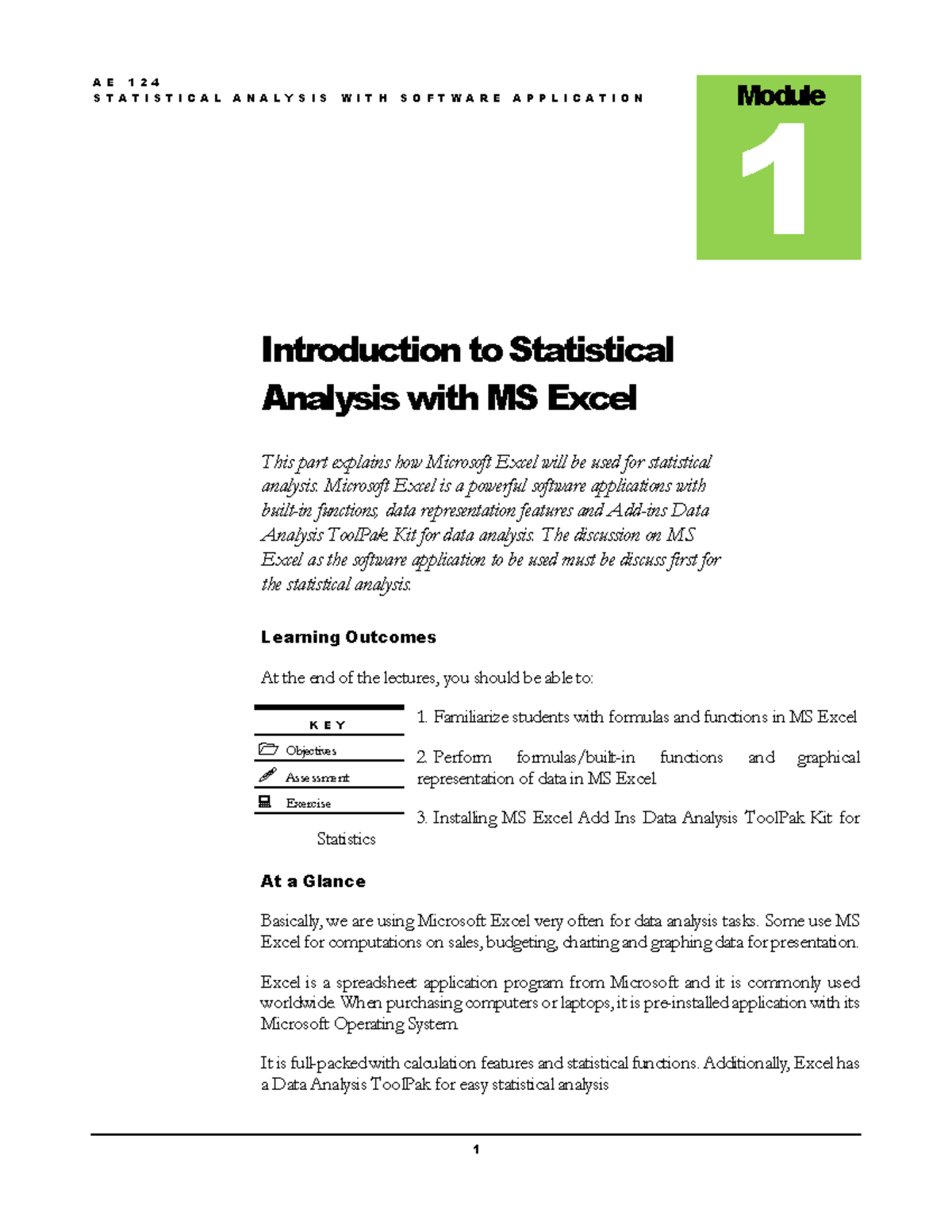 Lesson 1 - Introduction to Statistical Analysis with MS Excel - S T A T ...