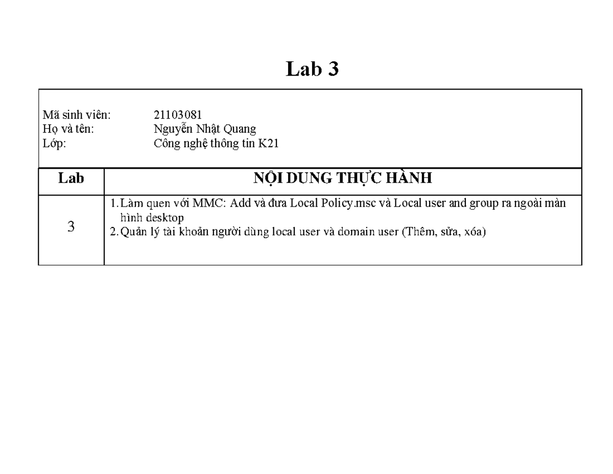 21103081-Nguye Nhat Quang-lab3 - Lab 3 Mã sinh viên: 21103081 Họ và tên: Nguyễn Nhật Quang Lớp ...