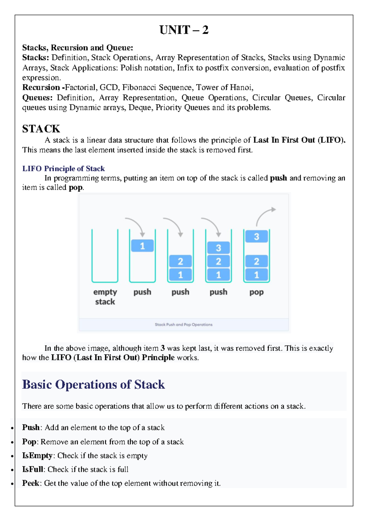 UNIT 2 - lacture notes - UNIT – 2 Stacks, Recursion and Queue: Stacks ...