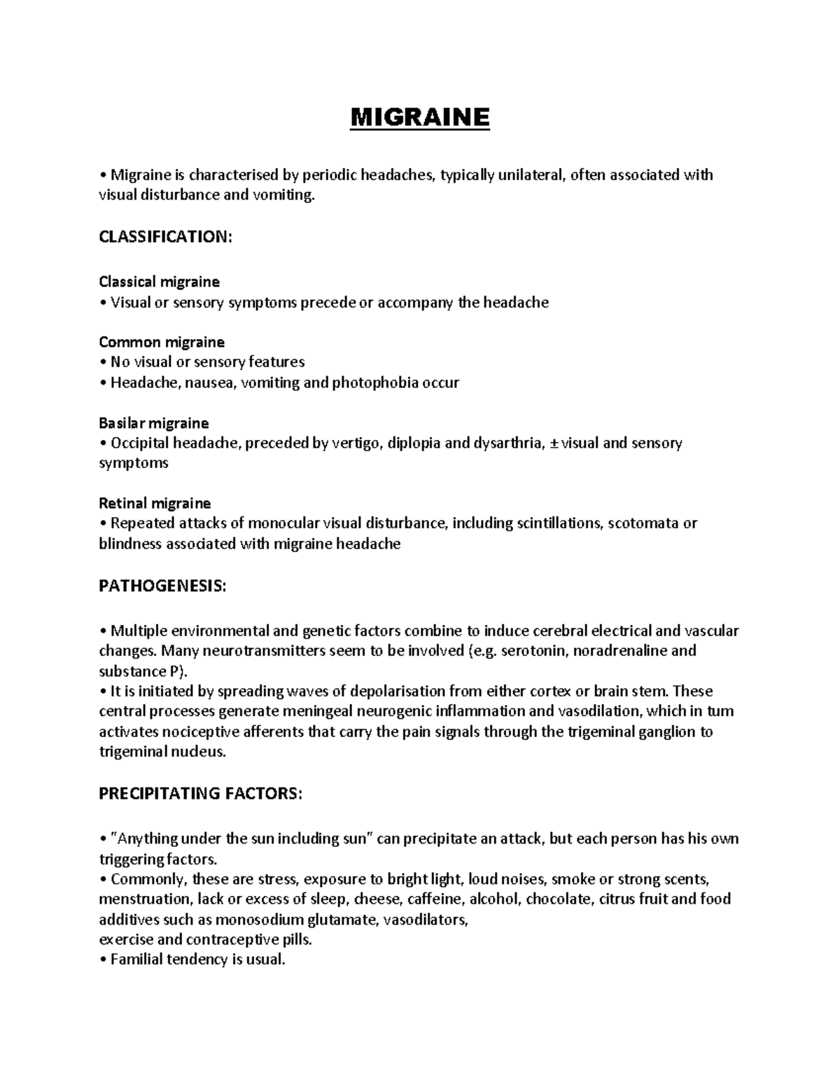 Migraine - Lecture notes 6 - MIGRAINE Migraine is characterised by ...