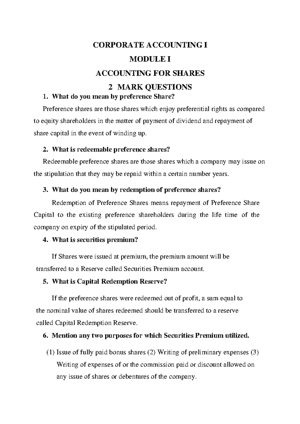 CA Module 1 - Practice papers - CORPORATE ACCOUNTING I MODULE I ...