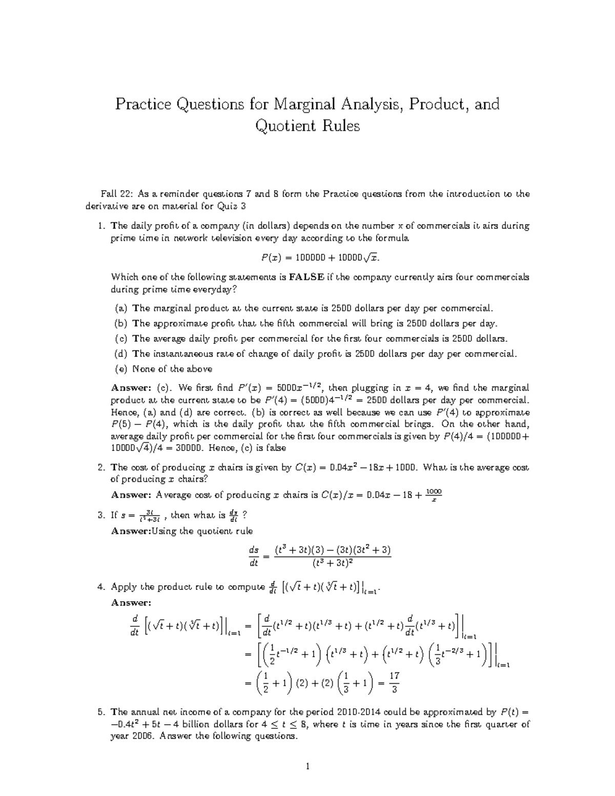 Practice Q Marginal Analysis Product and Quotient rules Key - Practice ...
