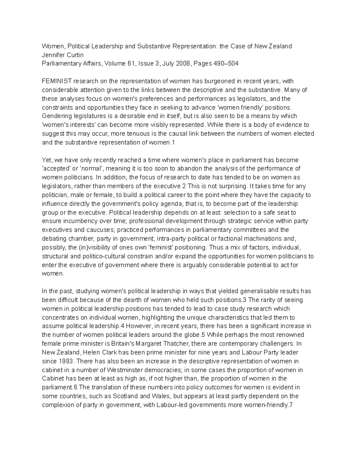 Women in Parliament 1 - Women, Political Leadership and Substantive ...