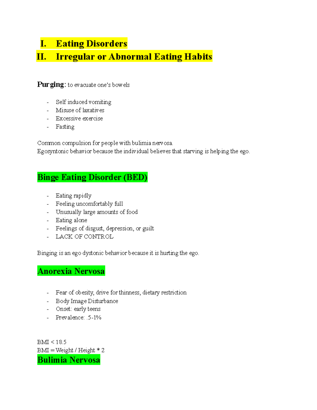 Eating Disorders - bulimia, anorexia, etc. - I. Eating Disorders II ...