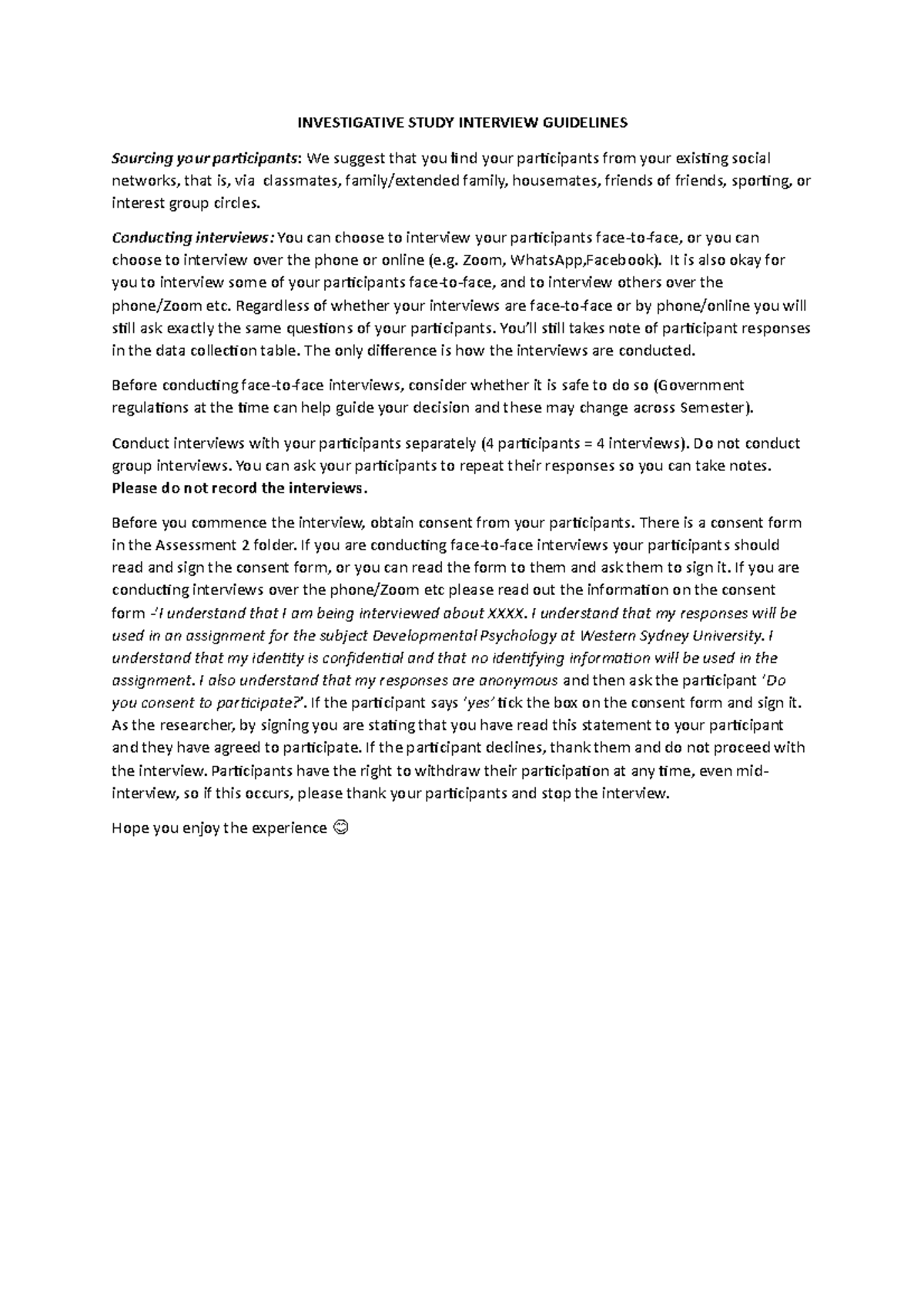 Investigative Study interview guidelines - INVESTIGATIVE STUDY ...