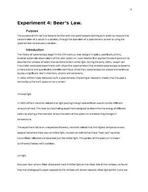 Beers law Final lab report - Experiment 4. (1 week) (BEL) Beer’s Law ...