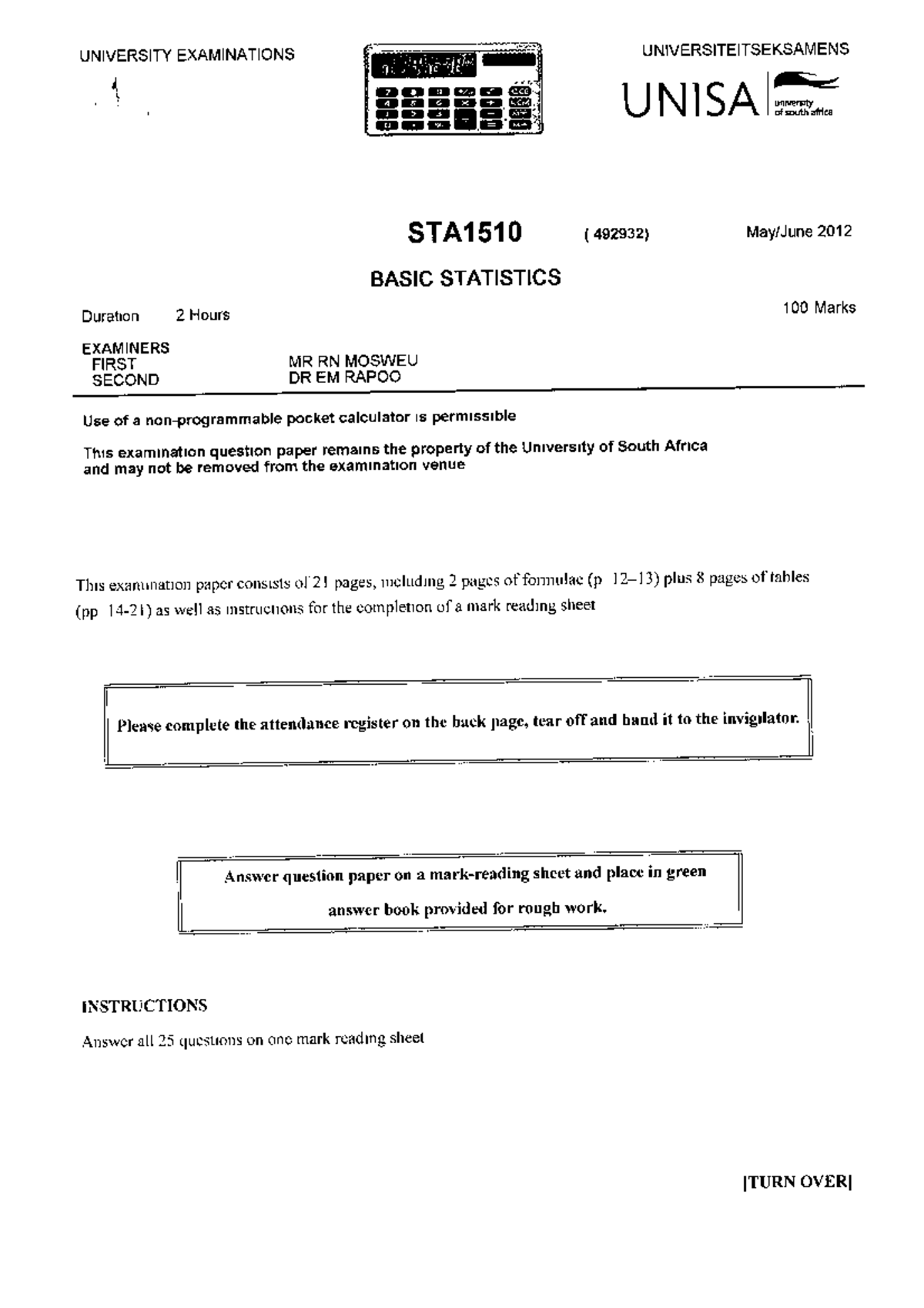 STA1510 2012 6 May Exam QP - STA 1501 - Studocu