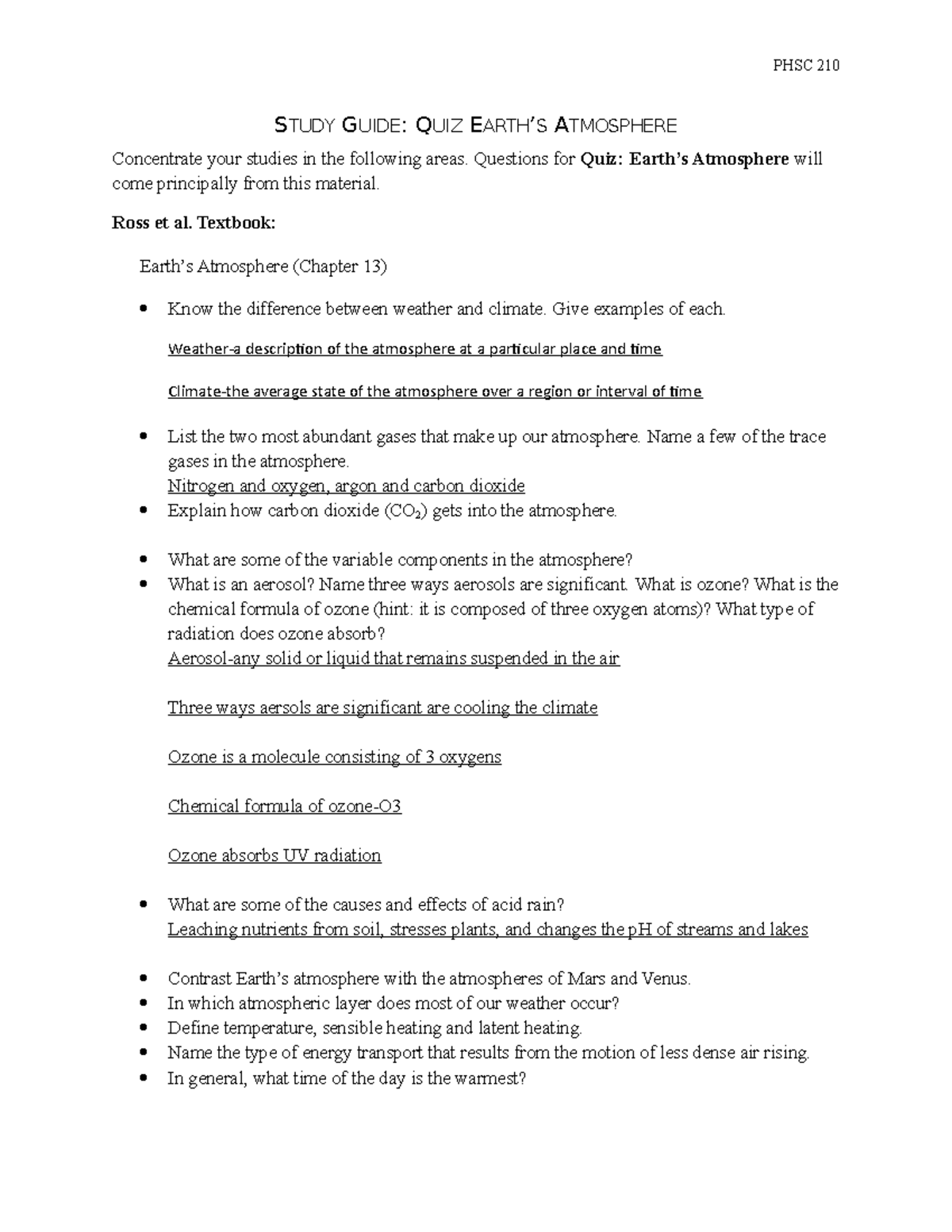 Study Guide Quiz Earth's Atmosphere - PHSC 210 STUDY GUIDE: QUIZ EARTH ...