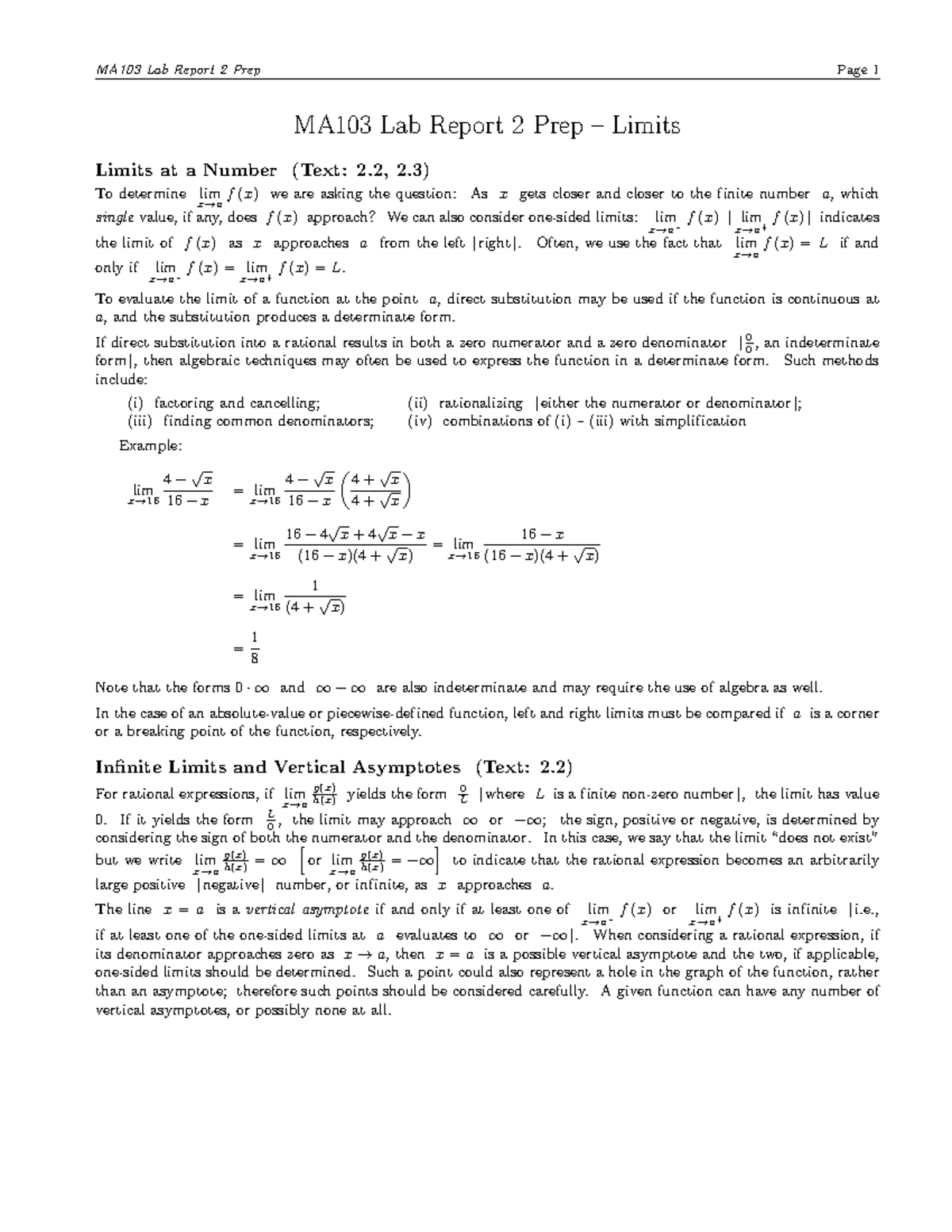 Lab Report 2 - Often, we use the fact that lim x→a f (x) = L if and ...