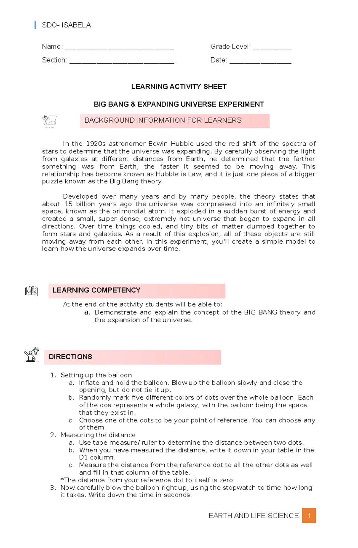 Learning Sheets 1 Earth and Life Science - Name ...