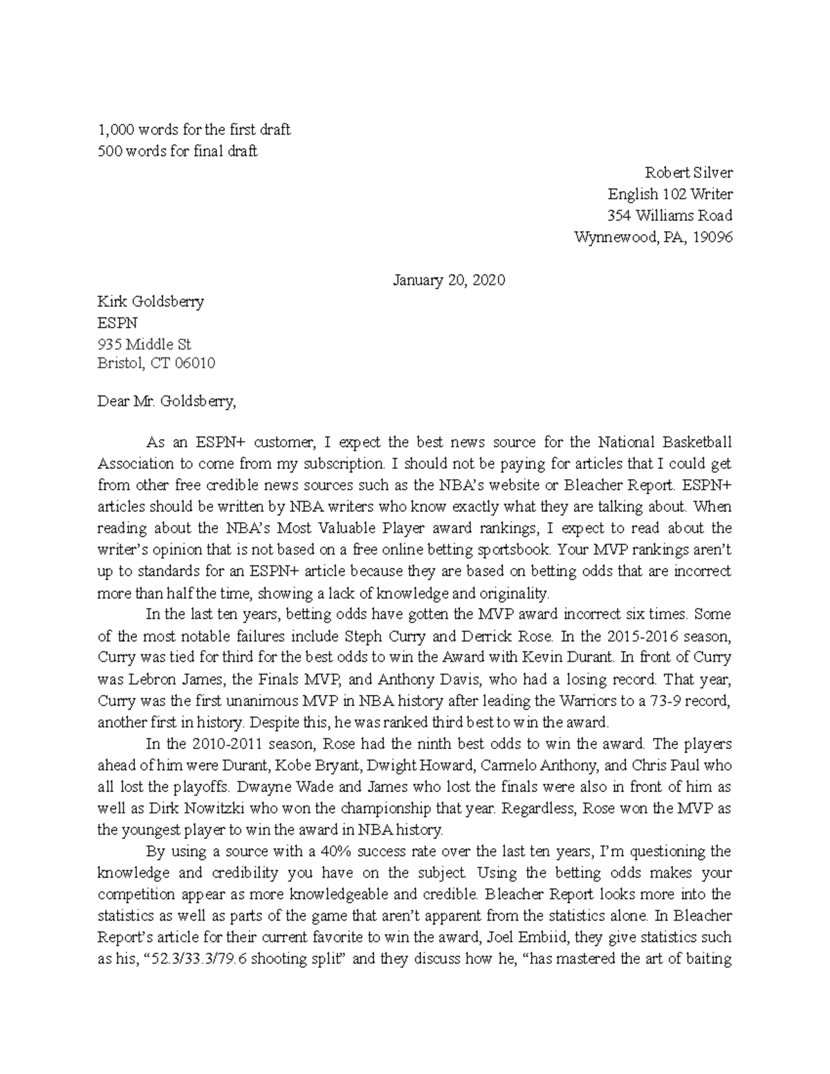 ESPN+ letter - 1,000 words for the first draft 500 words for final ...