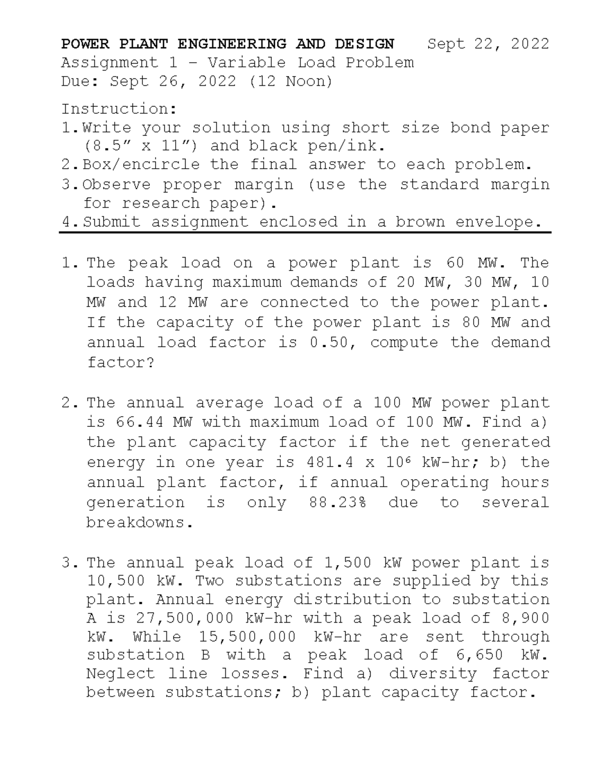 Assignment 1 Variable Load Problems Power Plant Engineering And Design Sept 22 2022