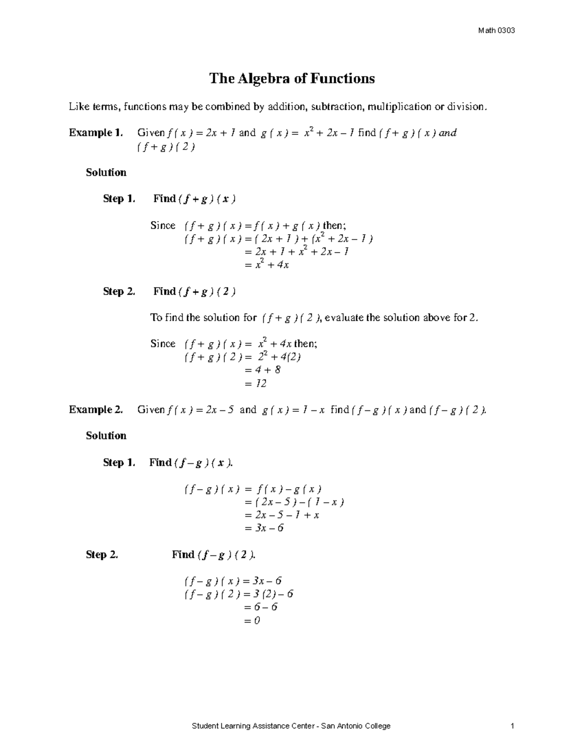 Math0303 algebra of functions - The Algebra of Functions Like terms ...