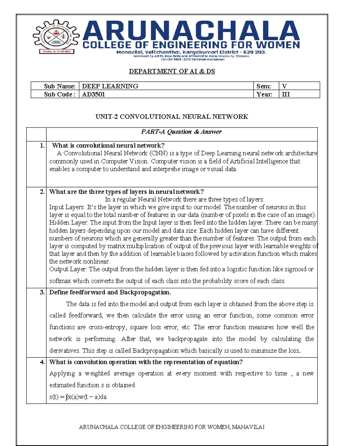 UNIT II-2 Marks WITH Header DL - DEPARTMENT OF AI & DS Sub Name: DEEP LEARNING Sem: V Sub Code ...