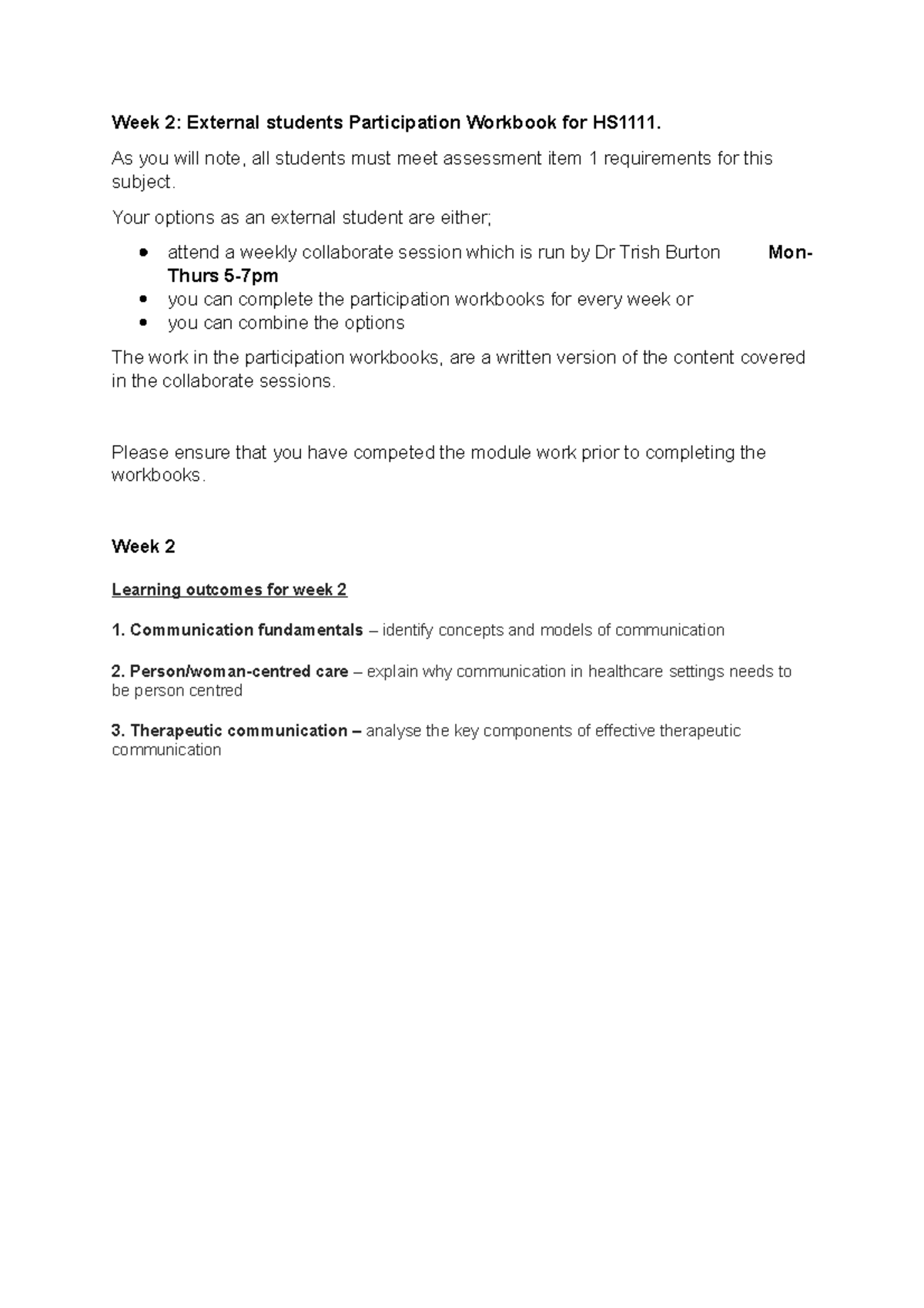 HS1111 Week2 Workbook - Week 2: External students Participation ...
