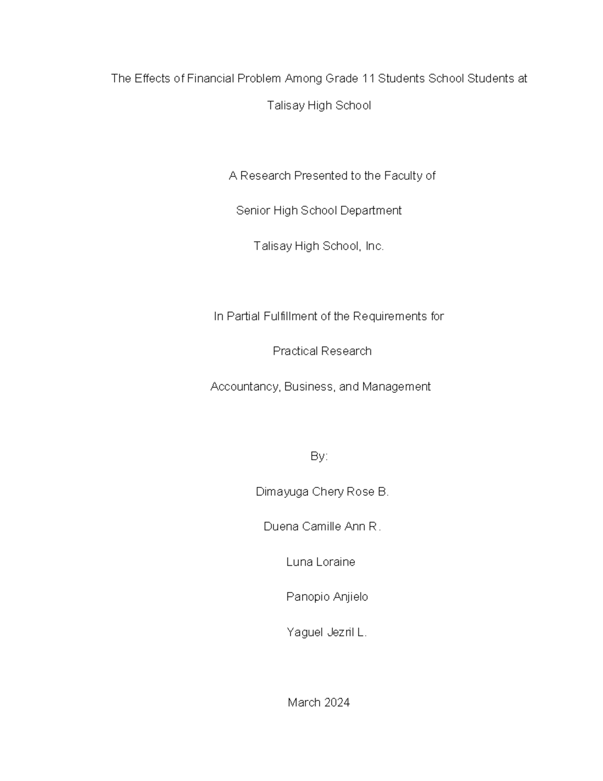 Thesis Finalized Group 1 - The Effects of Financial Problem Among Grade ...