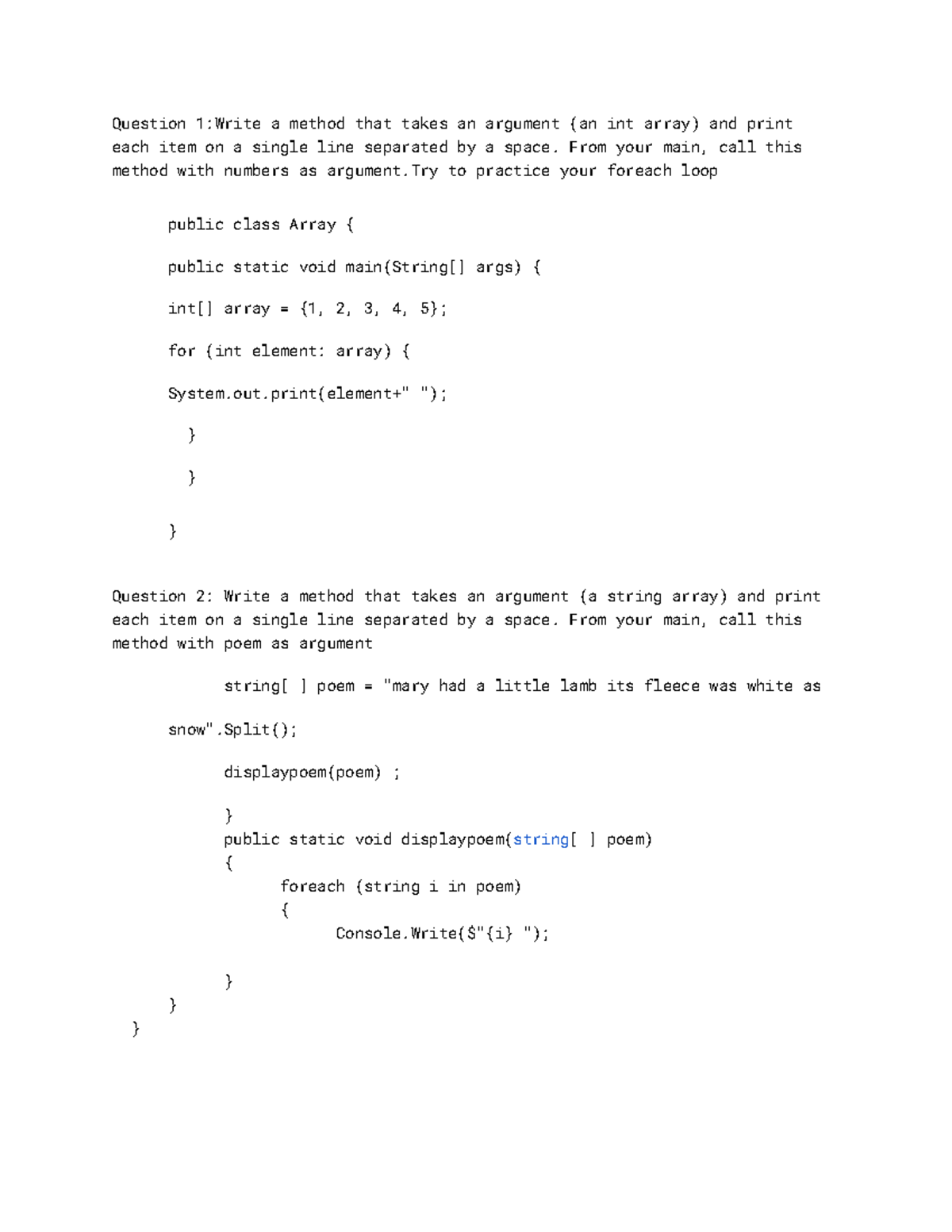 Assignment 5 I Dont Tttt Question 1write A Method That Takes An Argument An Int Array And