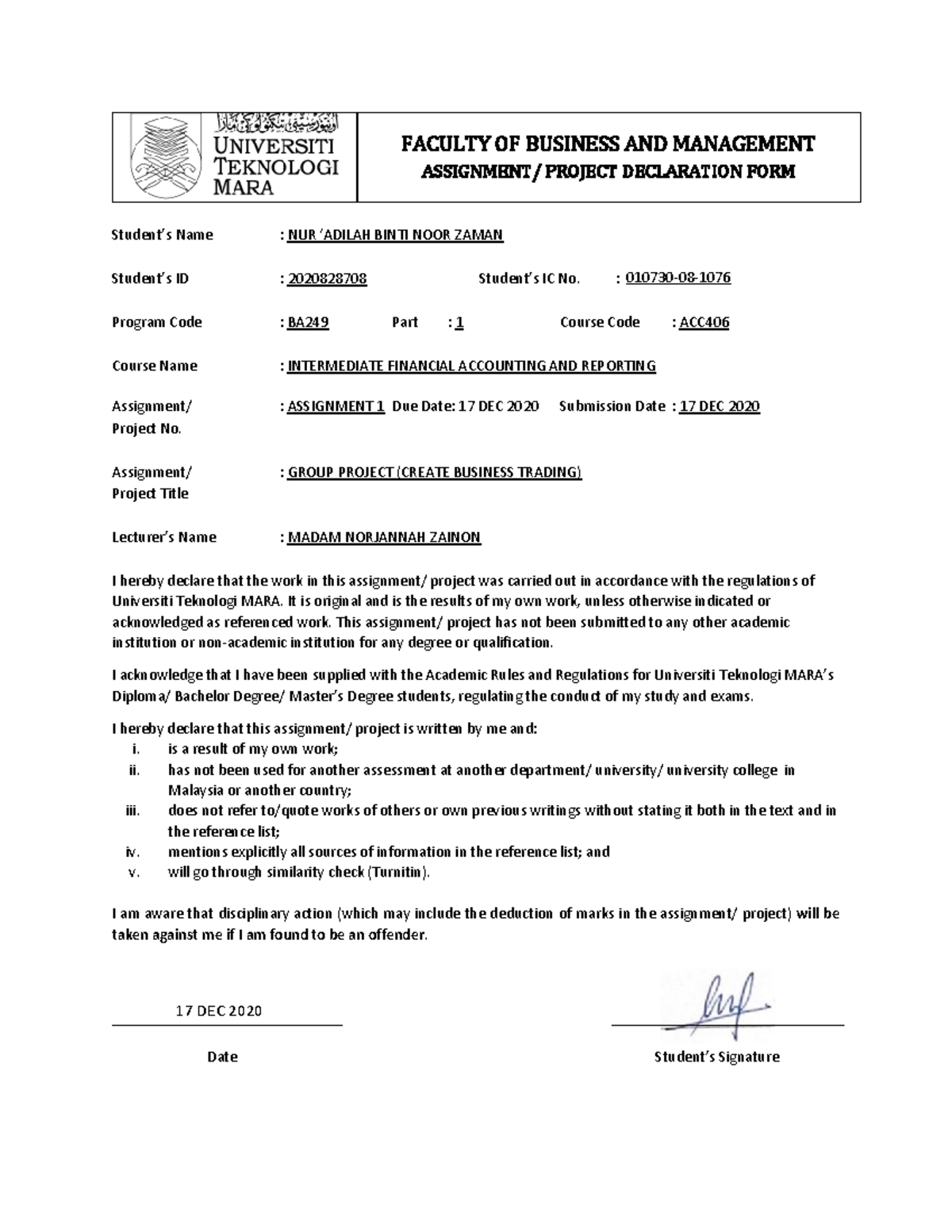 FASS Restaurant report - FACULTY OF BUSINESS AND MANAGEMENT ASSIGNMENT/ PROJECT DECLARATION FORM ...