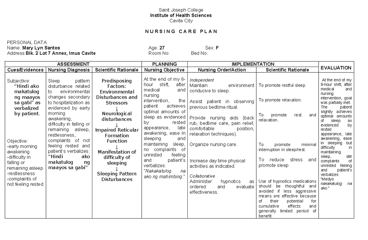 64929120 Sleep Pattern Disturbance - Saint Joseph College Institute of ...