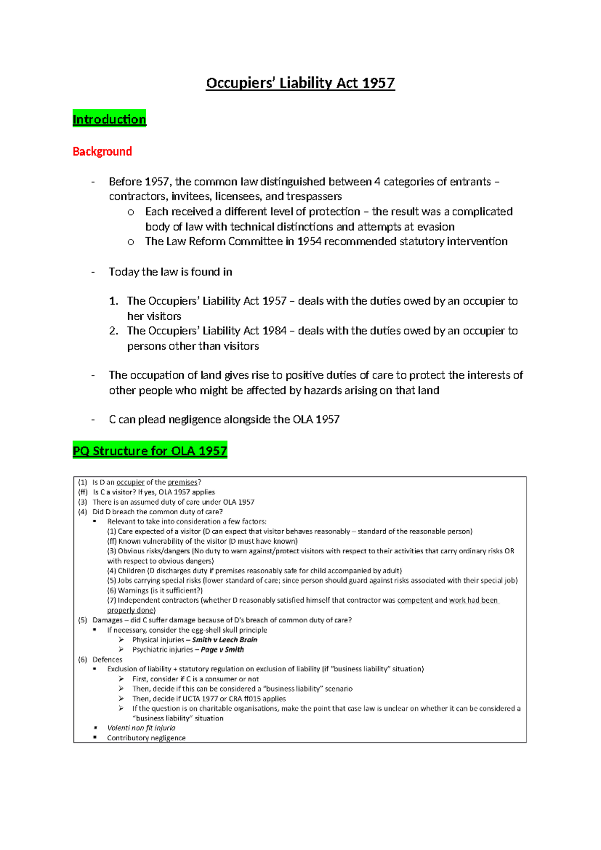 Occupiers' Liability Summary - Occupiers’ Liability Act 1957 ...