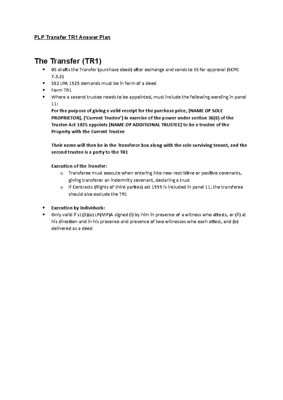 PLP Transfer TR1 Answer Plan - 3) S52 LPA 1925 demands must be in form ...