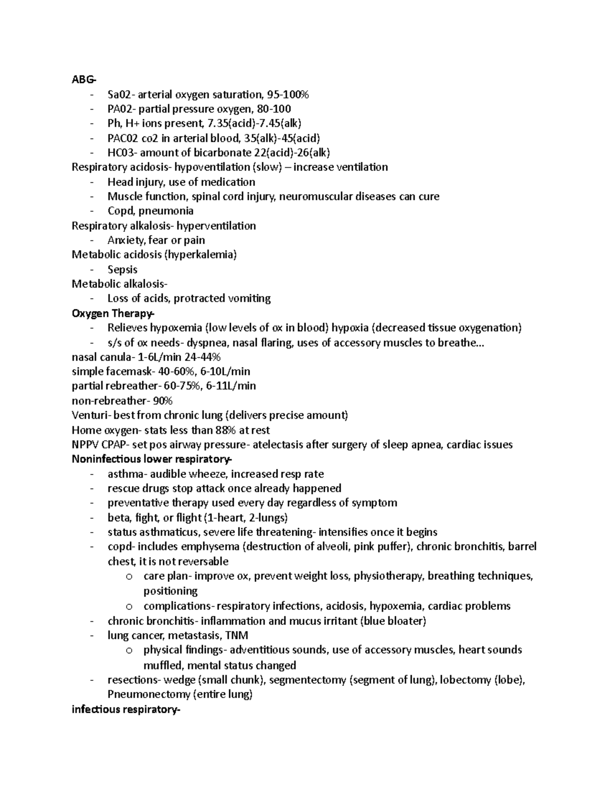 Study - ABG- Sa02- arterial oxygen saturation, 95-100% PA02- partial ...