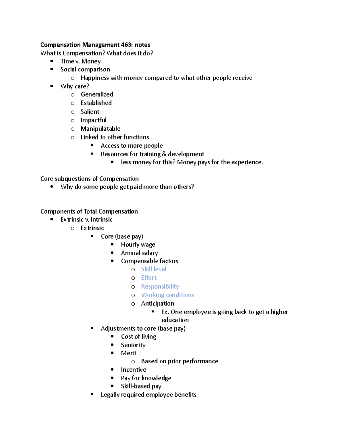 Exam #1 lecture notes - Compensation Management 463: notes What is ...