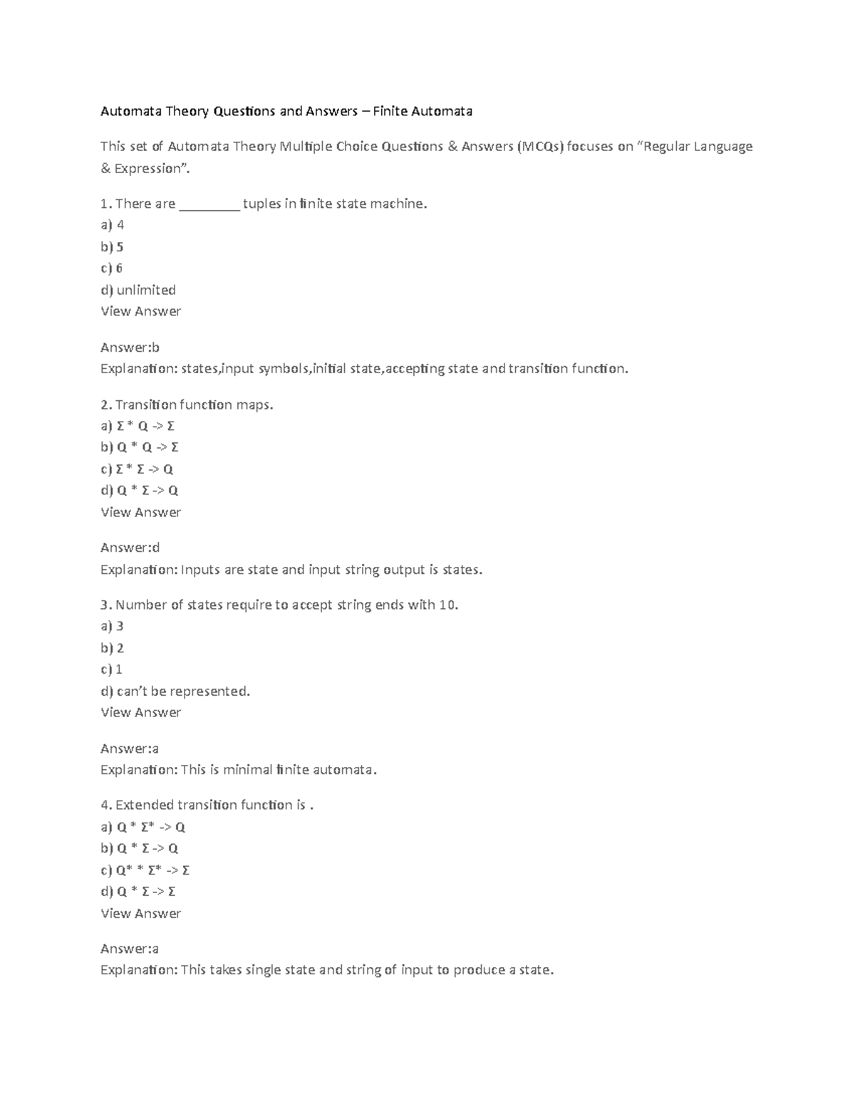 Tutorial questions CMP 317 - Automata Theory Questions and Answers – Finite Automata This set of ...