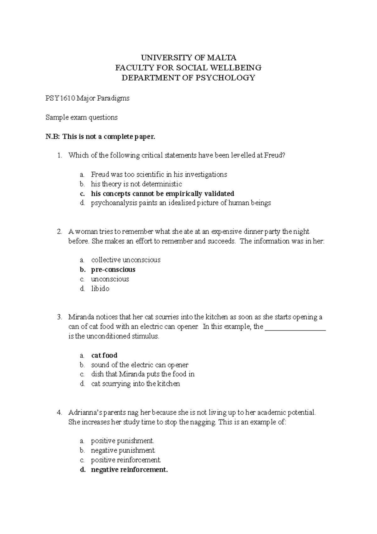 PSY1610 sample exam paper[ 21] - UNIVERSITY OF MALTA FACULTY FOR SOCIAL ...
