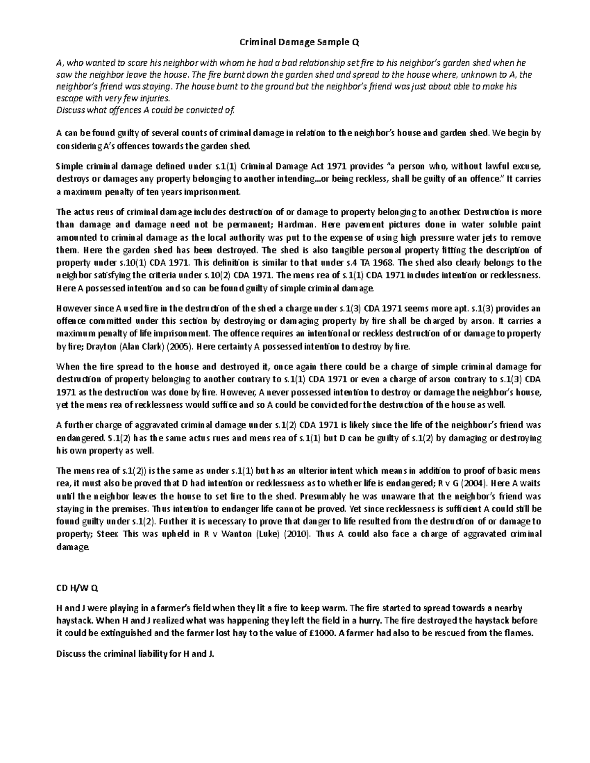 Criminal Damage Sample Q - Copy - Criminal Damage Sample Q A, who ...